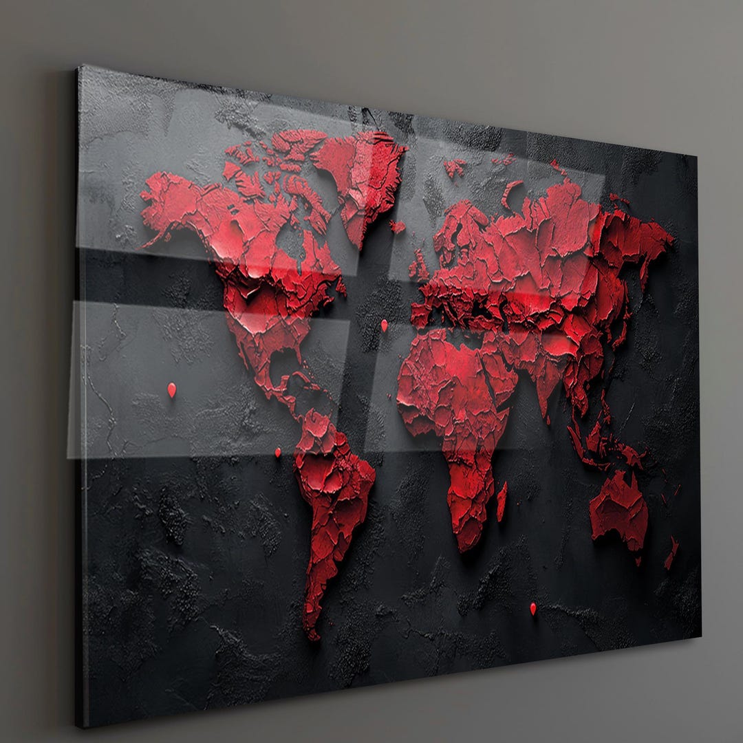 World Map Glass Wall Art, Red Textured Map Decor, Industrial Office ...