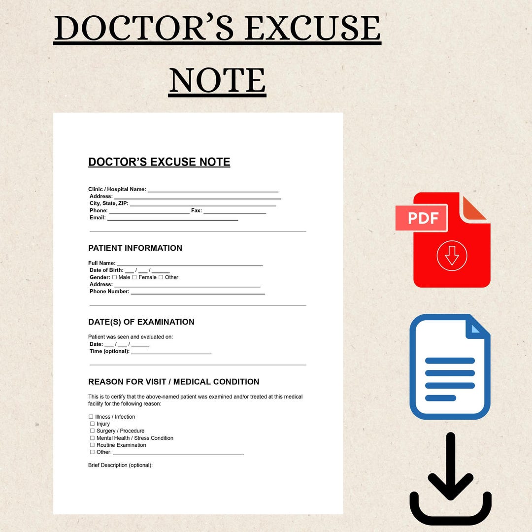 Doctor’s Excuse Note Template | Medical Absence Form | Work School Sick ...
