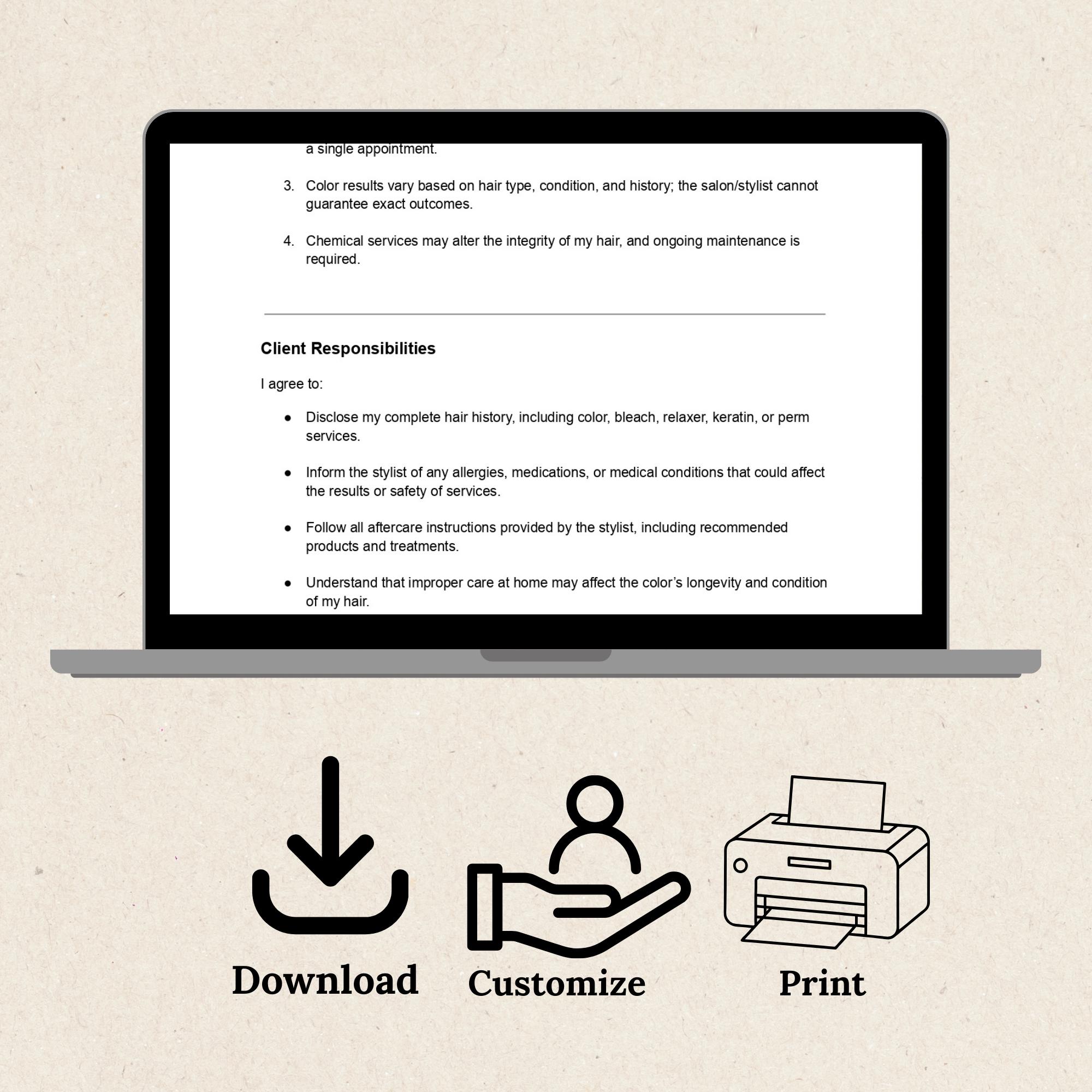 Hair Color Consent Form: Salon Liability Waiver, Editable PDF (digital ...