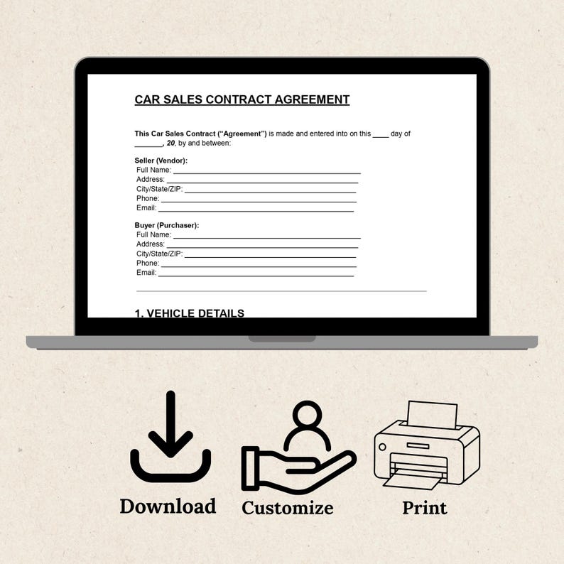Car Sales Contract Agreement Template (editable PDF, Vehicle Purchase ...