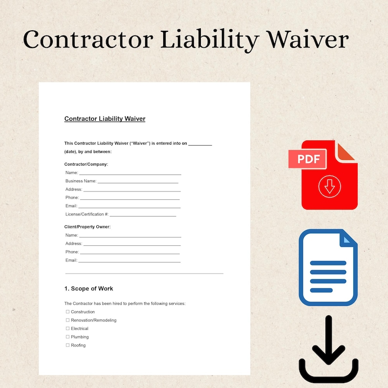 Contractor Liability Waiver Form Template | Work Risk Release ...