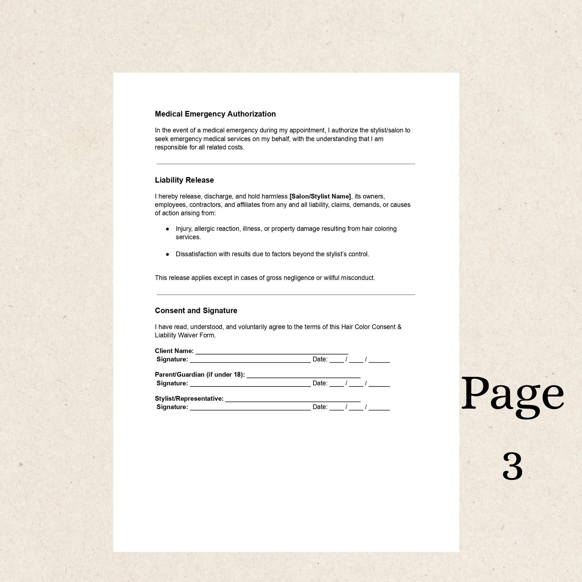 Hair Color Consent Form: Salon Liability Waiver, Editable PDF (digital ...