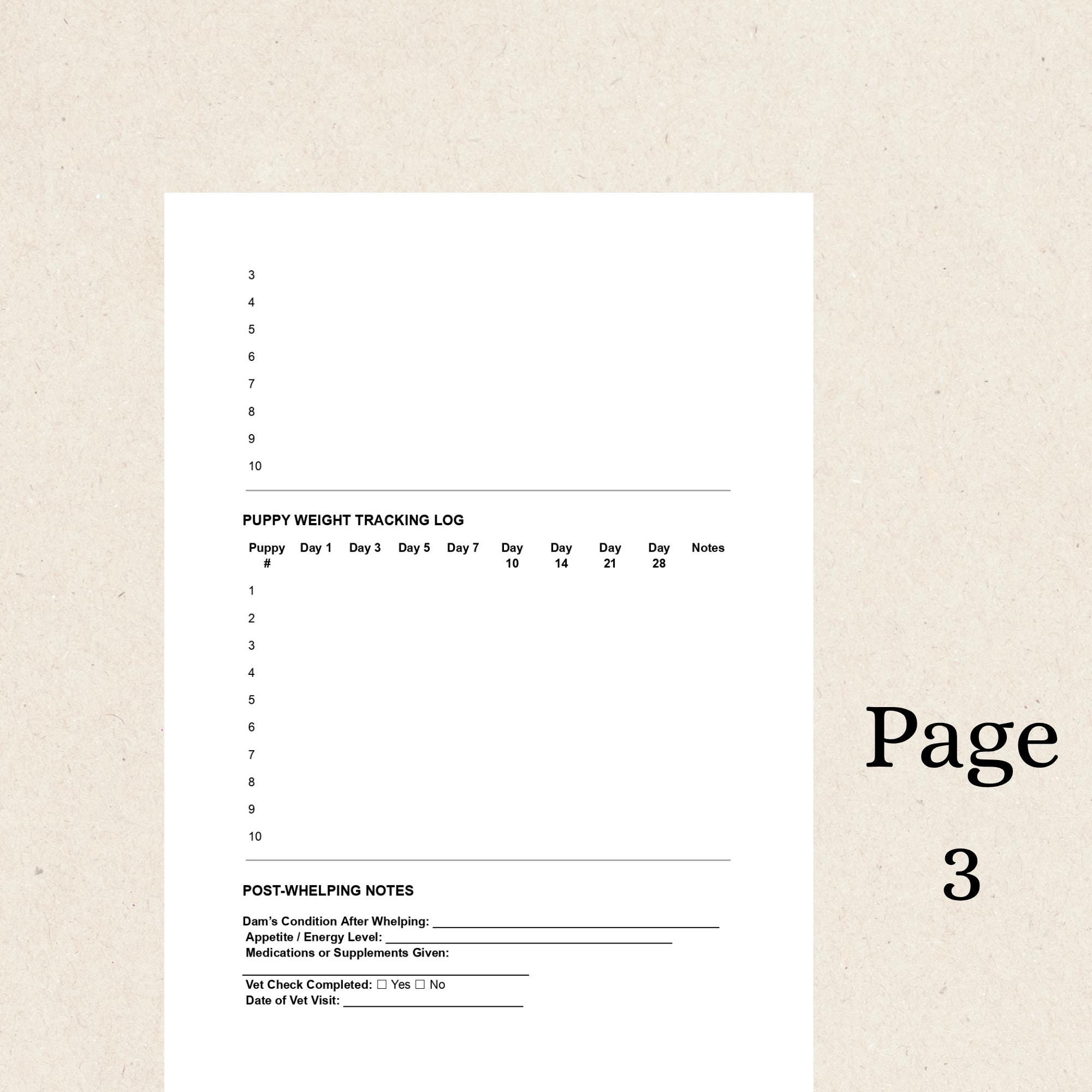 Dog Whelping Chart | Puppy Birth Record Template | Breeder Litter ...
