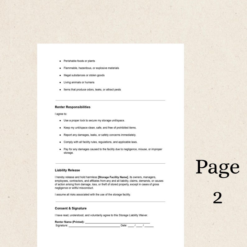 Editable Storage Liability Waiver & Release Form (PDF) - Etsy