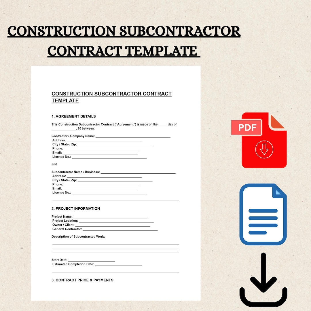 Construction Subcontractor Contract Template | Editable Agreement Form ...