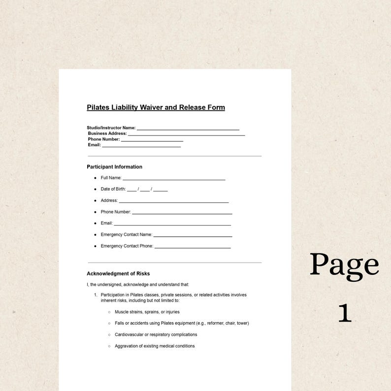 Pilates Liability Waiver: Editable PDF Release Form (instant Download ...