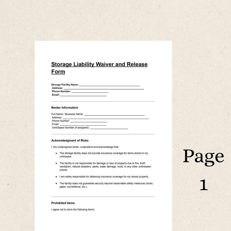 Editable Storage Liability Waiver & Release Form (PDF) - Etsy
