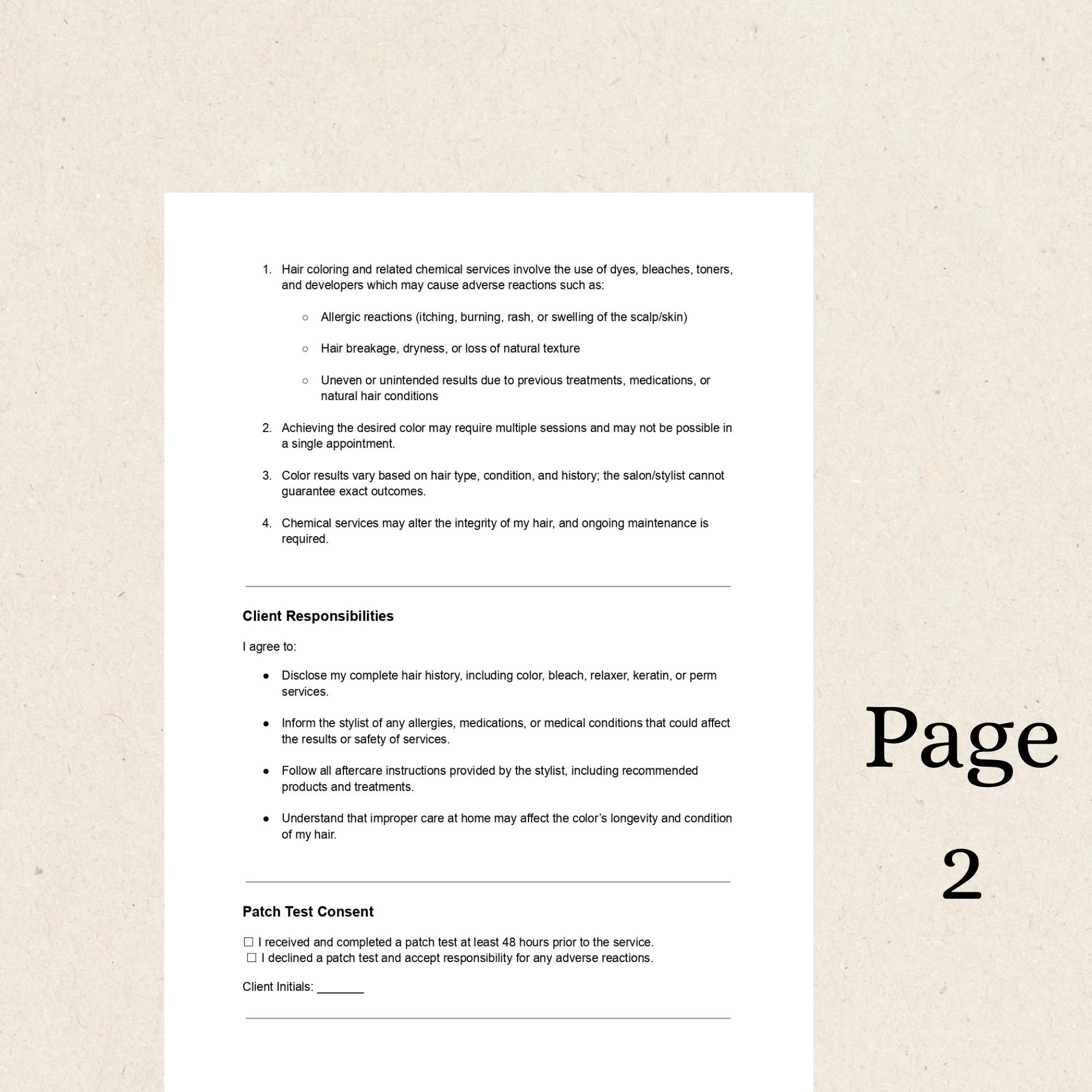 Hair Color Consent Form: Salon Liability Waiver, Editable PDF (digital ...