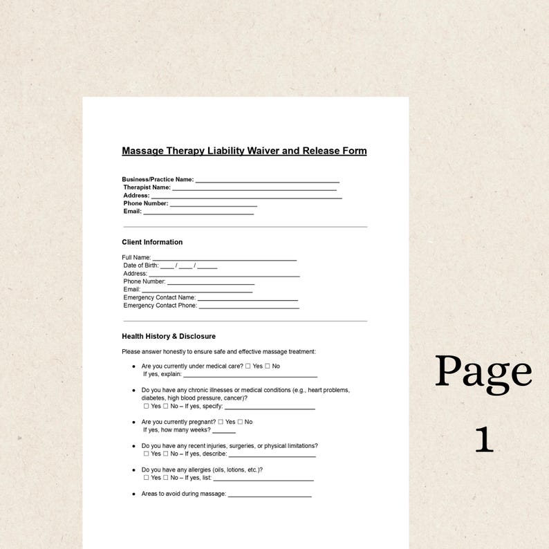 Editable Massage Therapy Liability Waiver: Client Consent Form (PDF) - Etsy