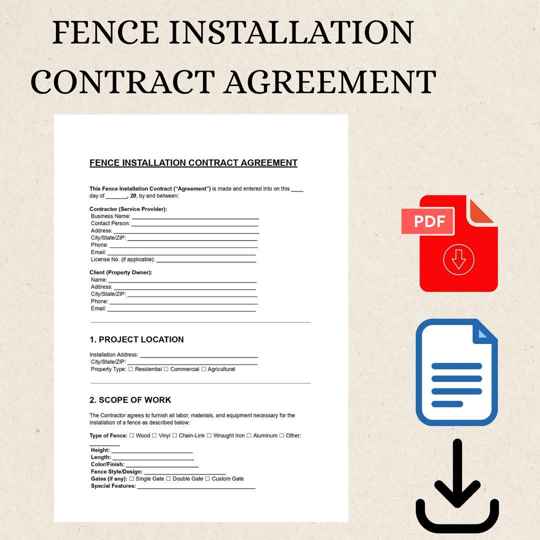 Fence Installation Contract Agreement Template (editable PDF, Service ...