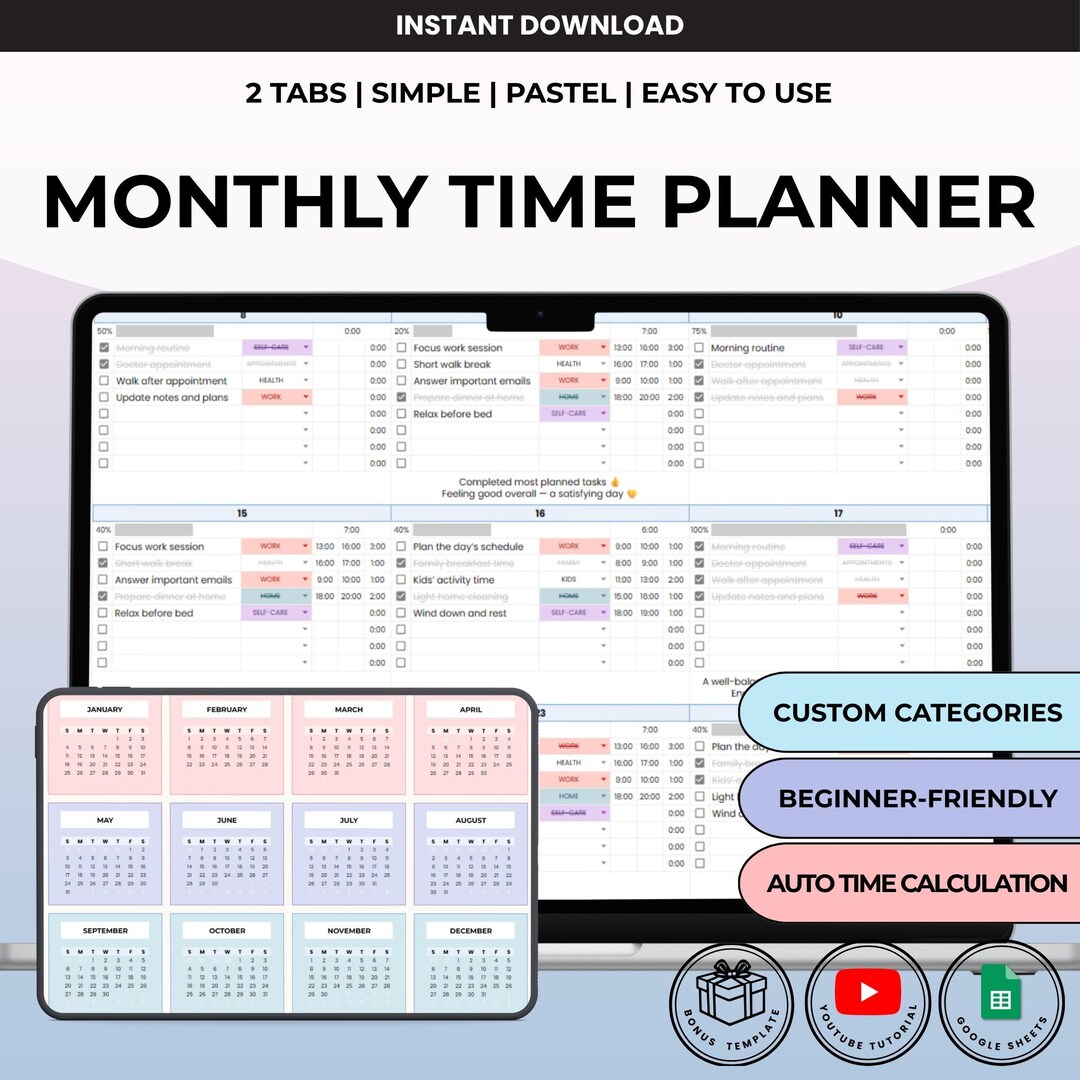 Google Sheets Time Tracking Template | Monthly Planner With Category ...