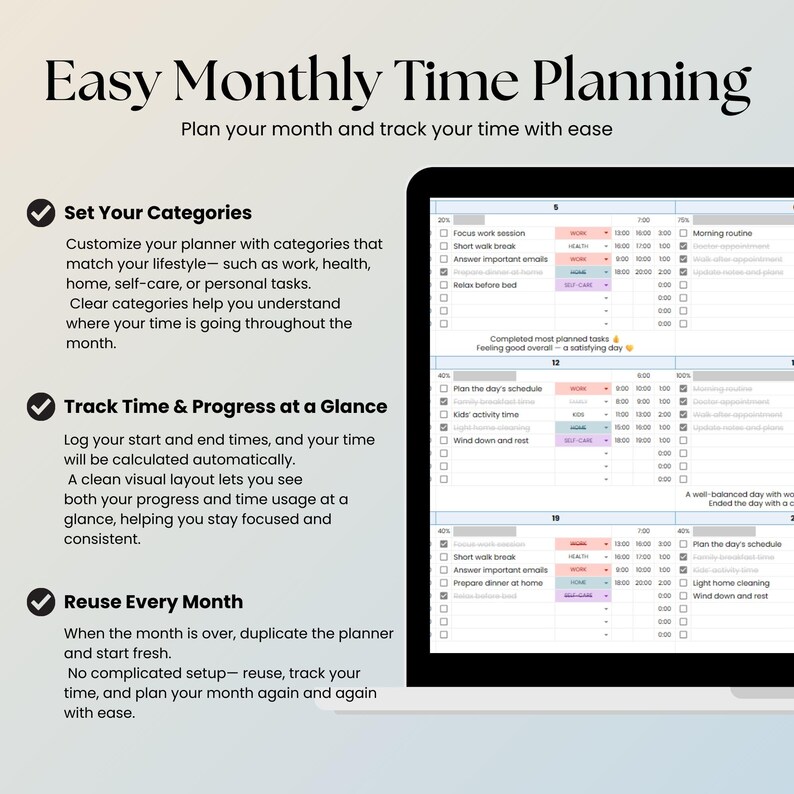 Google Sheets Time Tracking Template | Monthly Planner With Category ...
