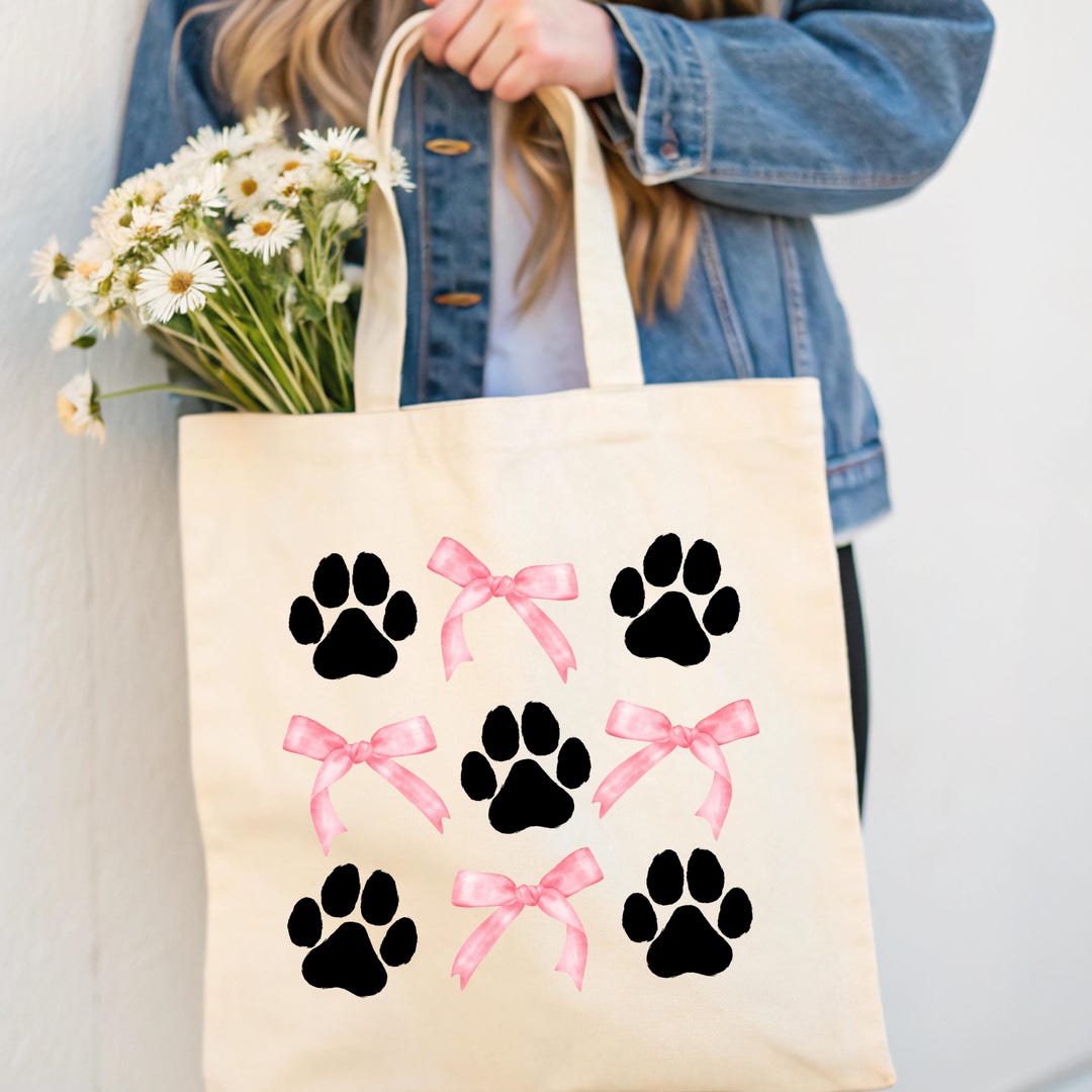 Pink Bow Dog Canvas Tote Bag, Cute Dog Lover Gift, Black Dog Print Bag ...
