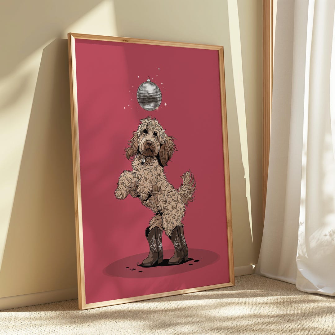 Cockapoo Dog Bar Print, Funny Dancing Dog Illustration, Cowboy Boots ...