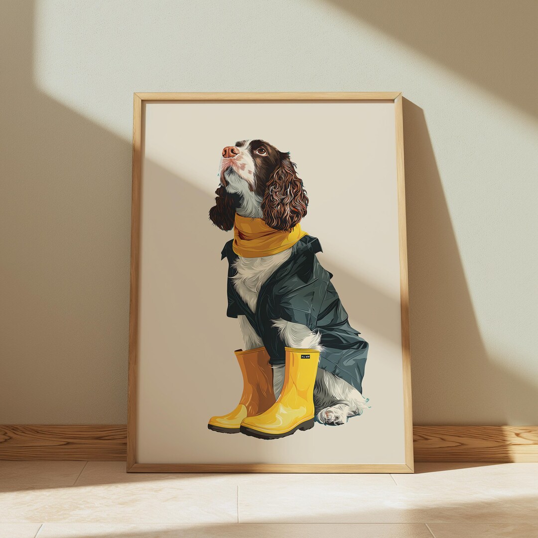 English Springer Spaniel Print – Vintage Dog Portrait in Yellow Wellies ...