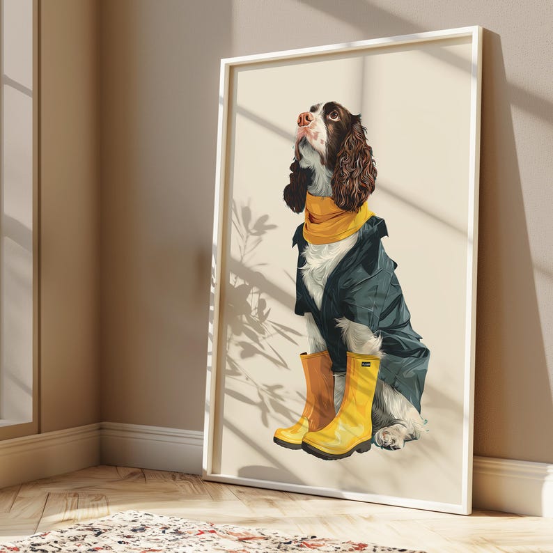 English Springer Spaniel Print – Vintage Dog Portrait in Yellow Wellies ...
