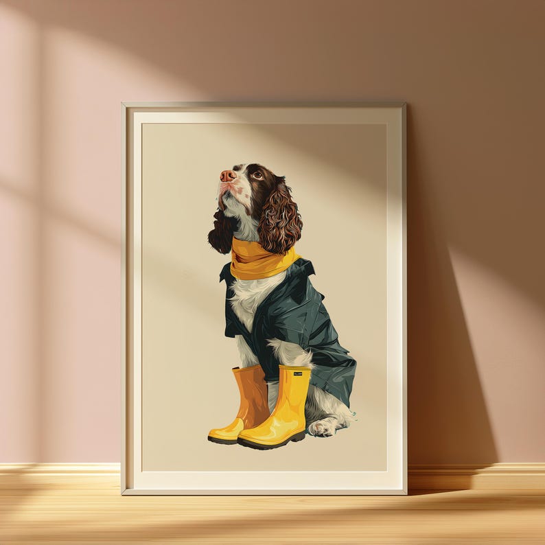 English Springer Spaniel Print – Vintage Dog Portrait in Yellow Wellies ...