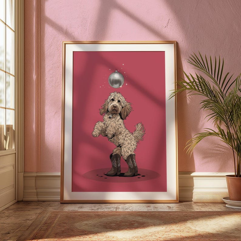 Cockapoo Dog Dancing Print, Disco Cowboy Boots Illustration, Fun Wall ...