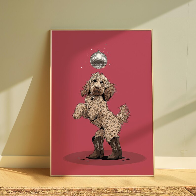 Cockapoo Dog Bar Print, Funny Dancing Dog Illustration, Cowboy Boots ...