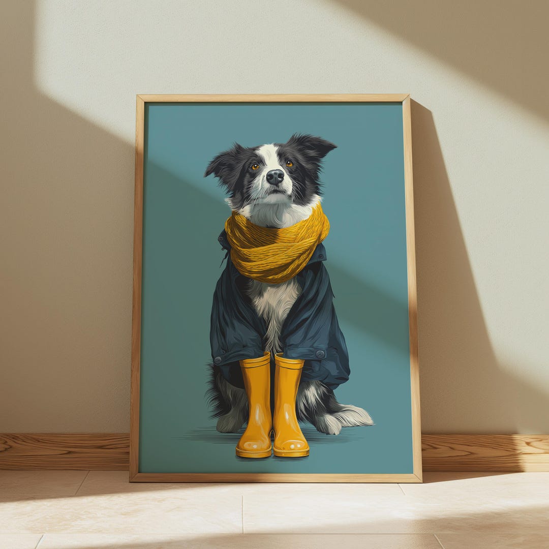 Border Collie Print, Wellies Dog Portrait, Farmhouse Wall Art - Etsy