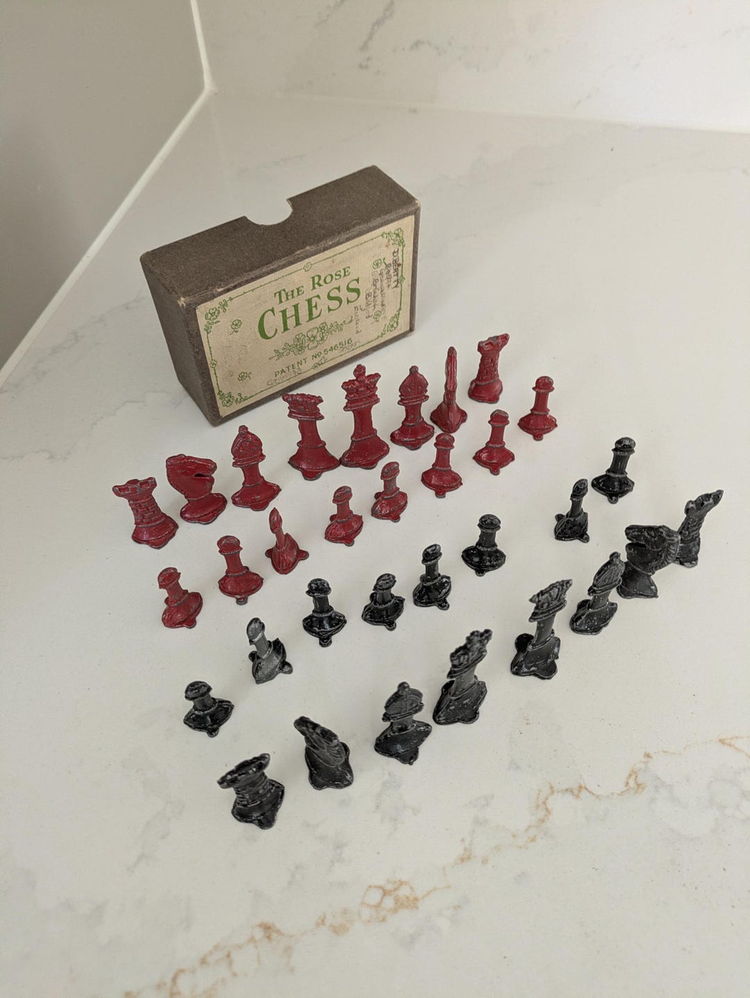 Vintage "the Rose Chess Pieces". Patent No 546516 Lead, Red/black Set ...