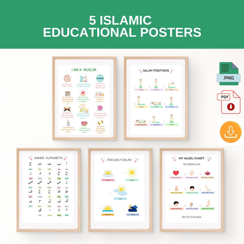 5 Islamic Educational Posters, Kids Arabic Learning, Wudu Salah Charts ...