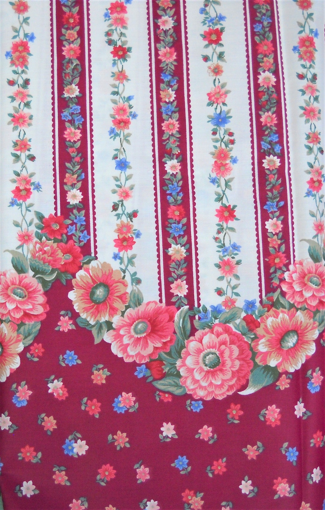Red White Stripe Floral Border Fabric, 100 Percent Cotton, Fabric by ...
