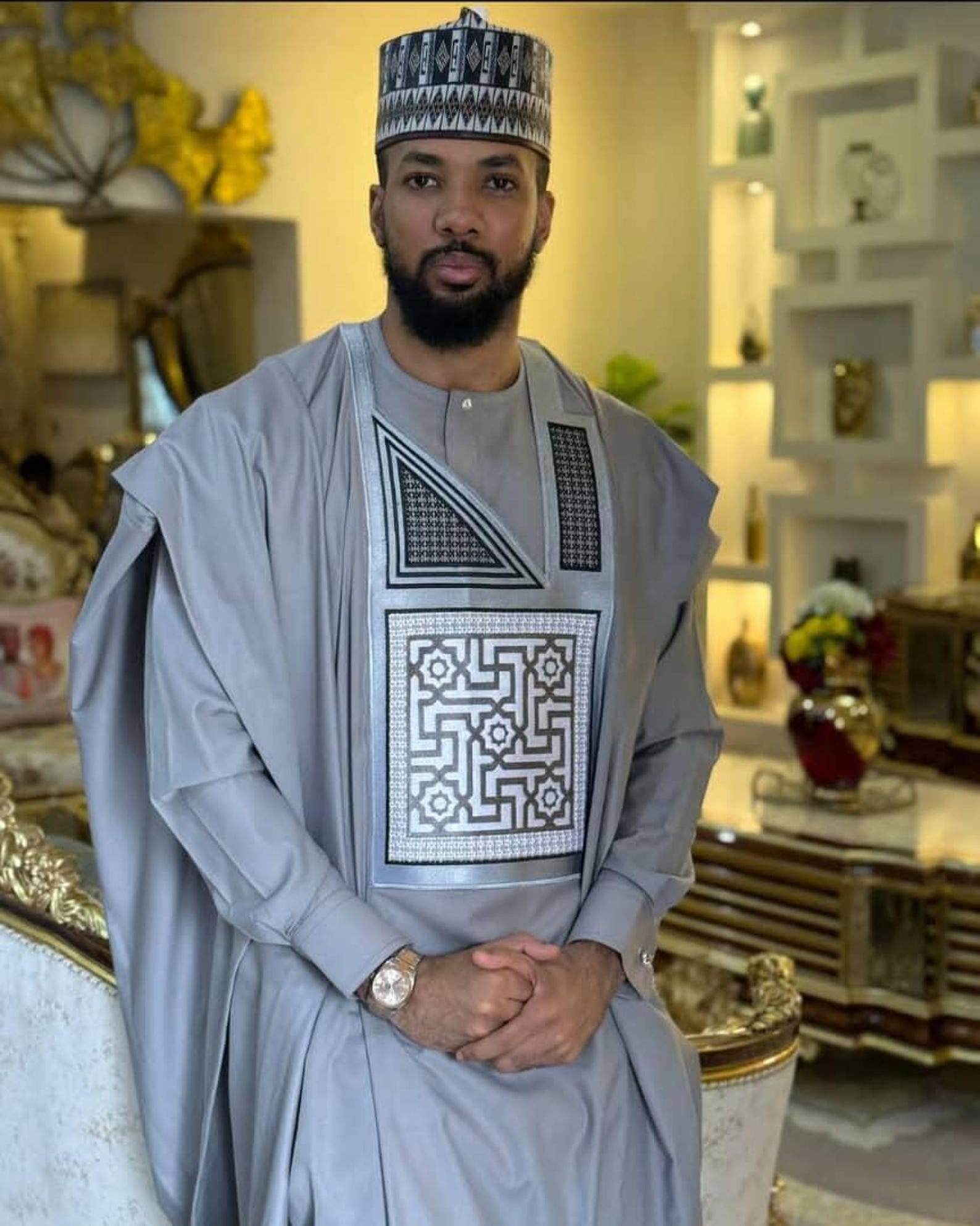 3pcs Gold With Black Embroided Agbada Suit for Men: Men Traditional ...