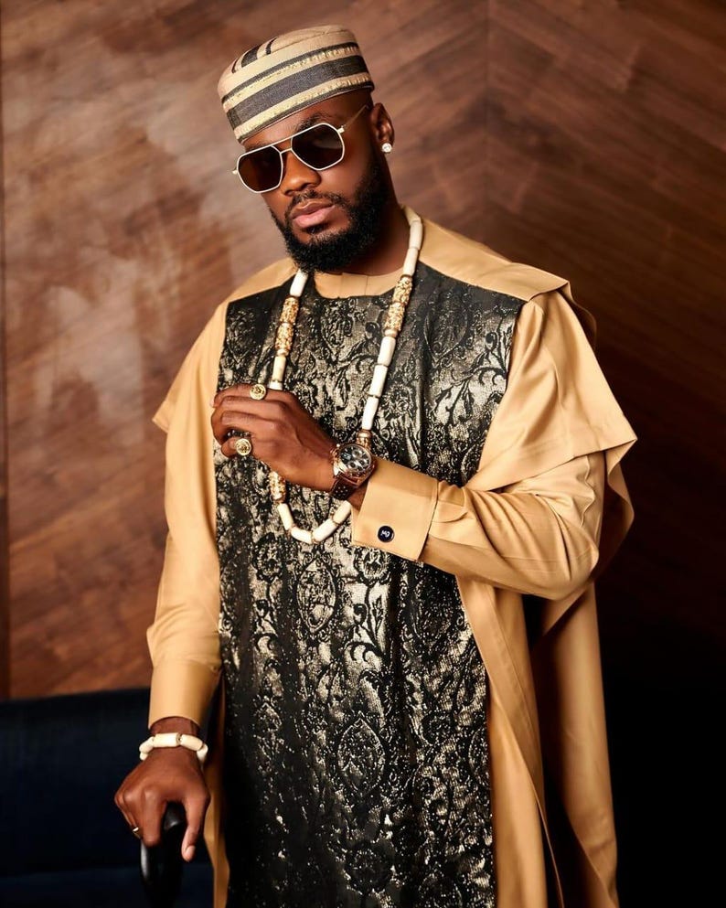 3pcs Golden Agbada With Damask Accent for Igbo Men: Men Traditional ...