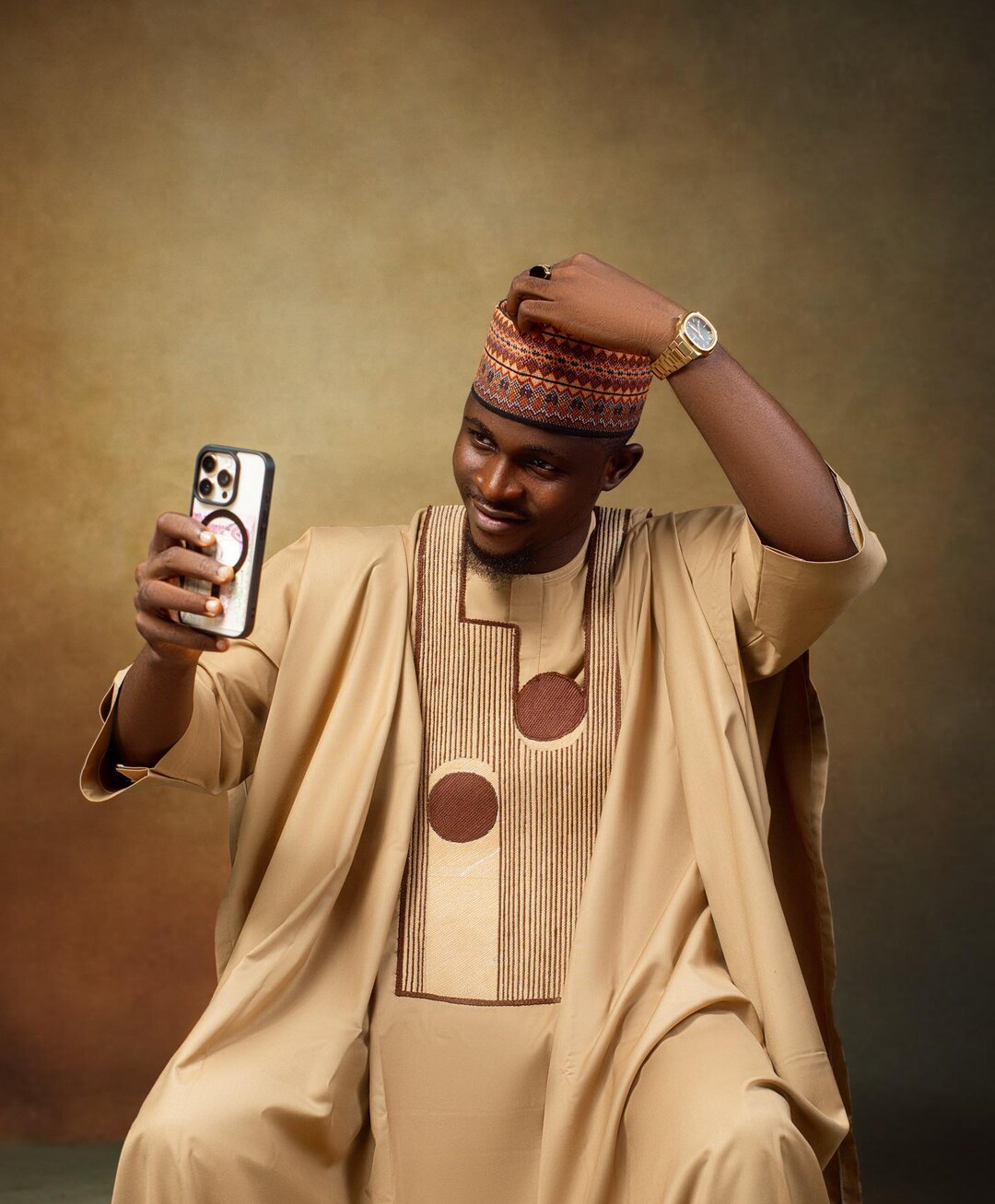 3pcs Golden Agbada With Brown Embroidery for Men: Men Traditional ...
