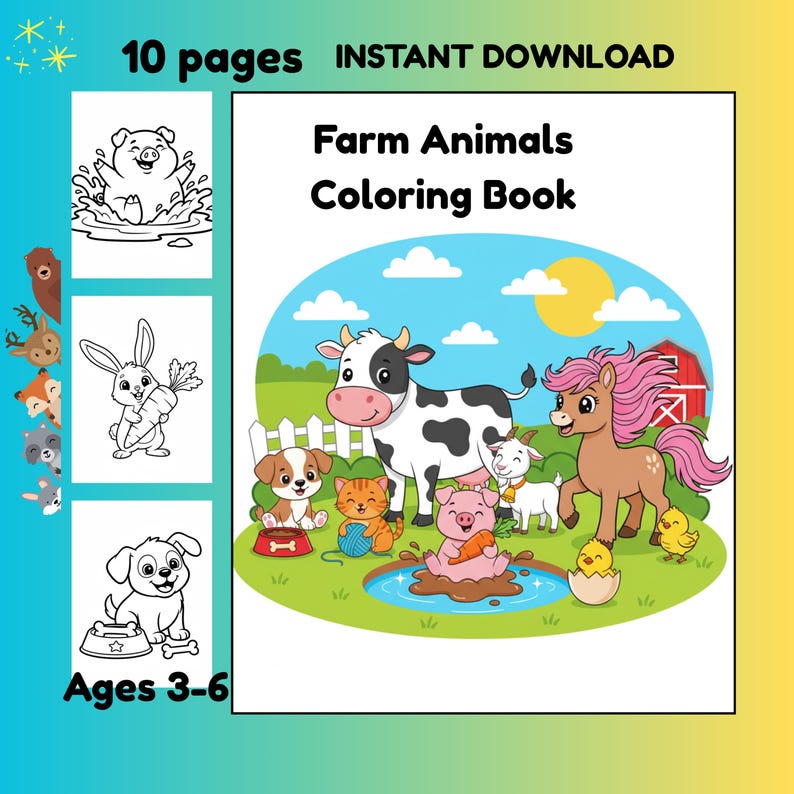 Printable Farm Animals Coloring Book | Instant Download | 10 A4 Pages ...