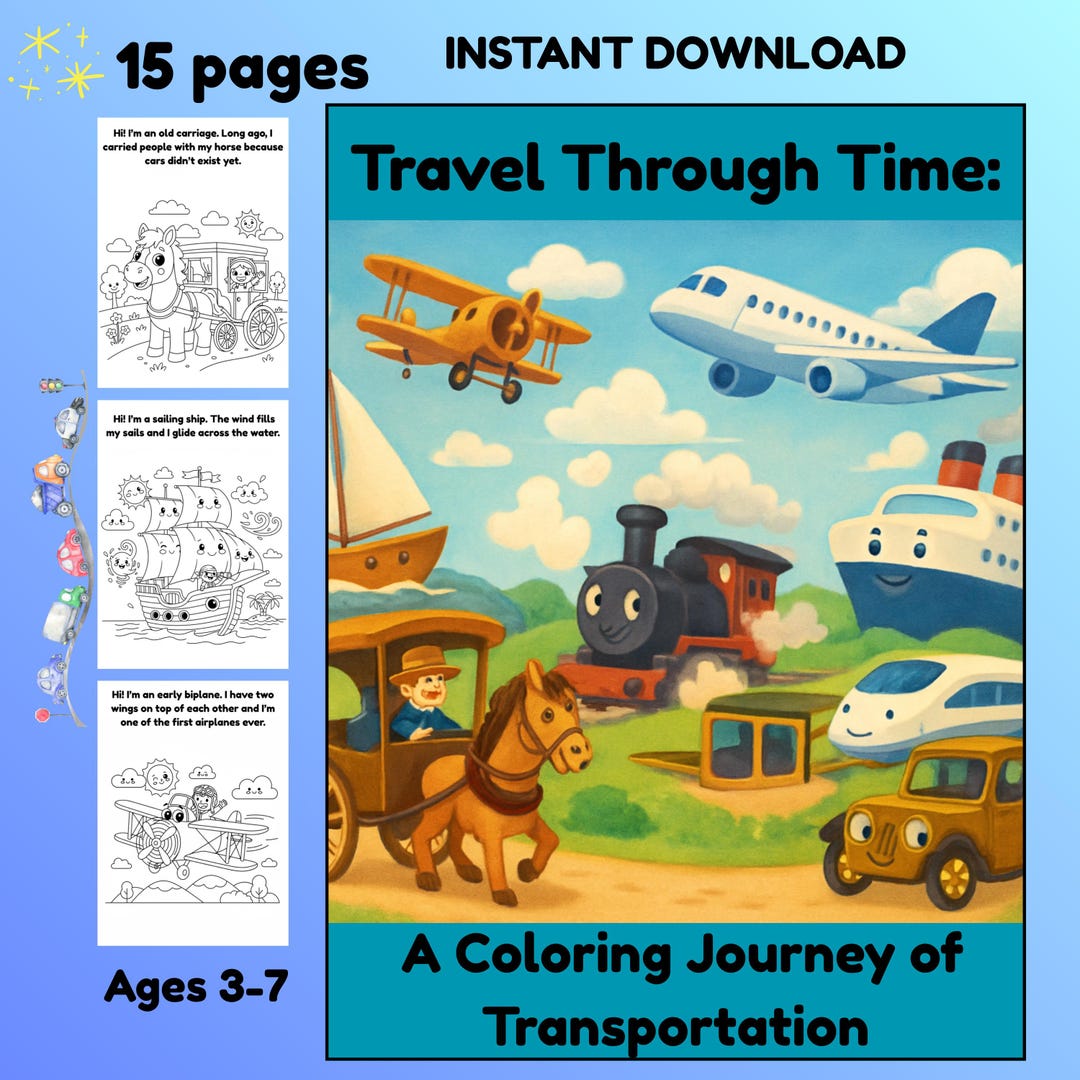 Kids Transportation Coloring Book • Time Travel Vehicles Activity ...