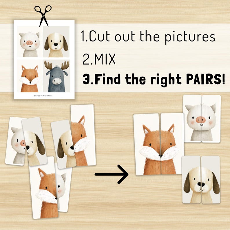 Animals Matching Game: Find the Pair Activity for Toddlers (PDF + PNG ...