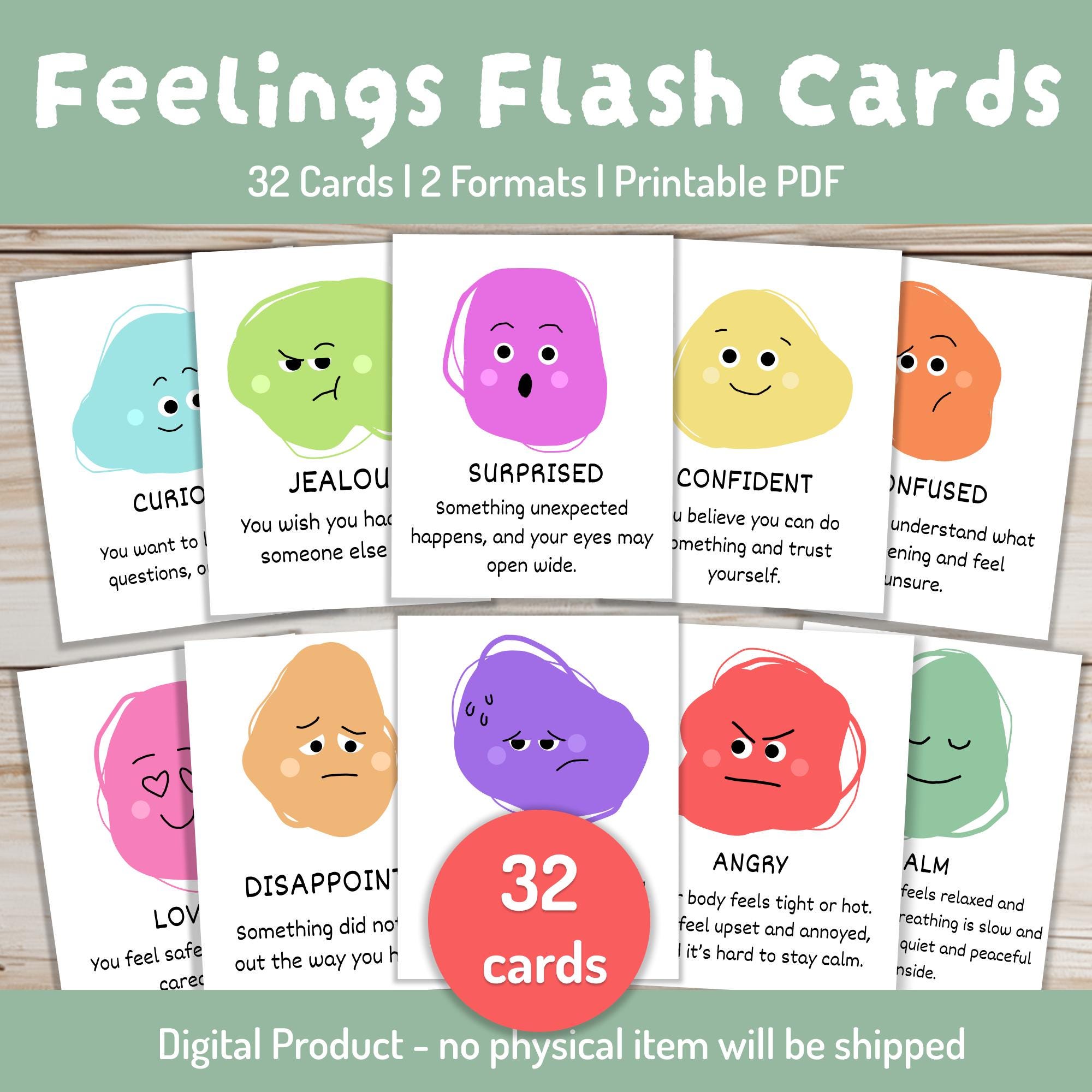 32 Feelings Flashcards, Emotions Cards, Calming Corner Behavior ...