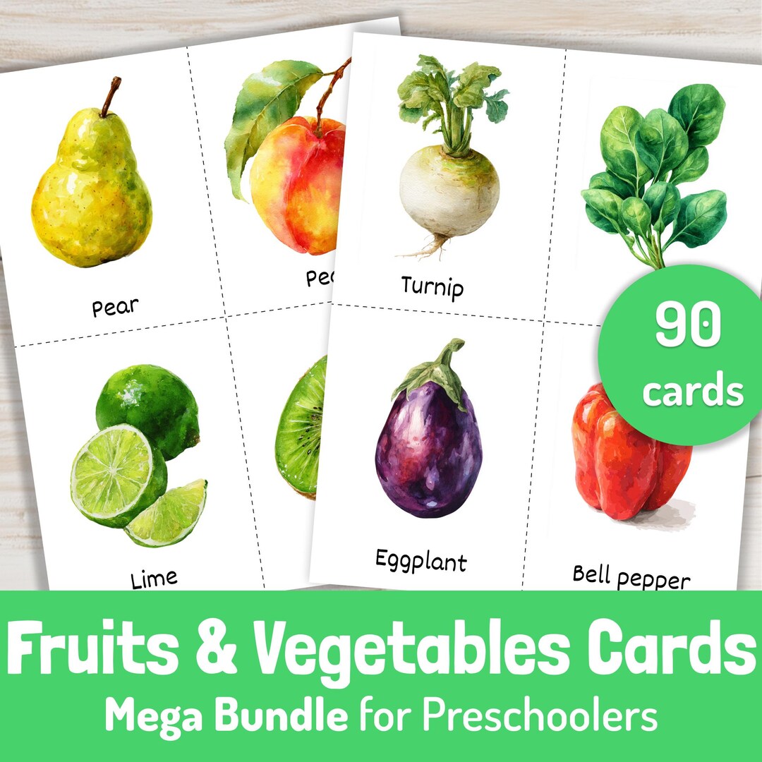 Fruit and Veggie Flashcards Bundle: 90 Cards, Preschool Kids, PDF ...