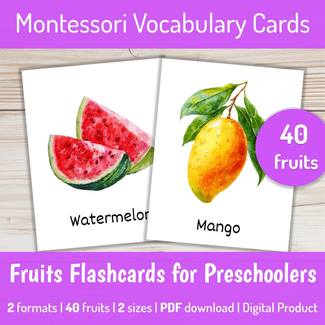 Fruits Flash Cards for Preschoolers: Montessori Printable Vocabulary ...