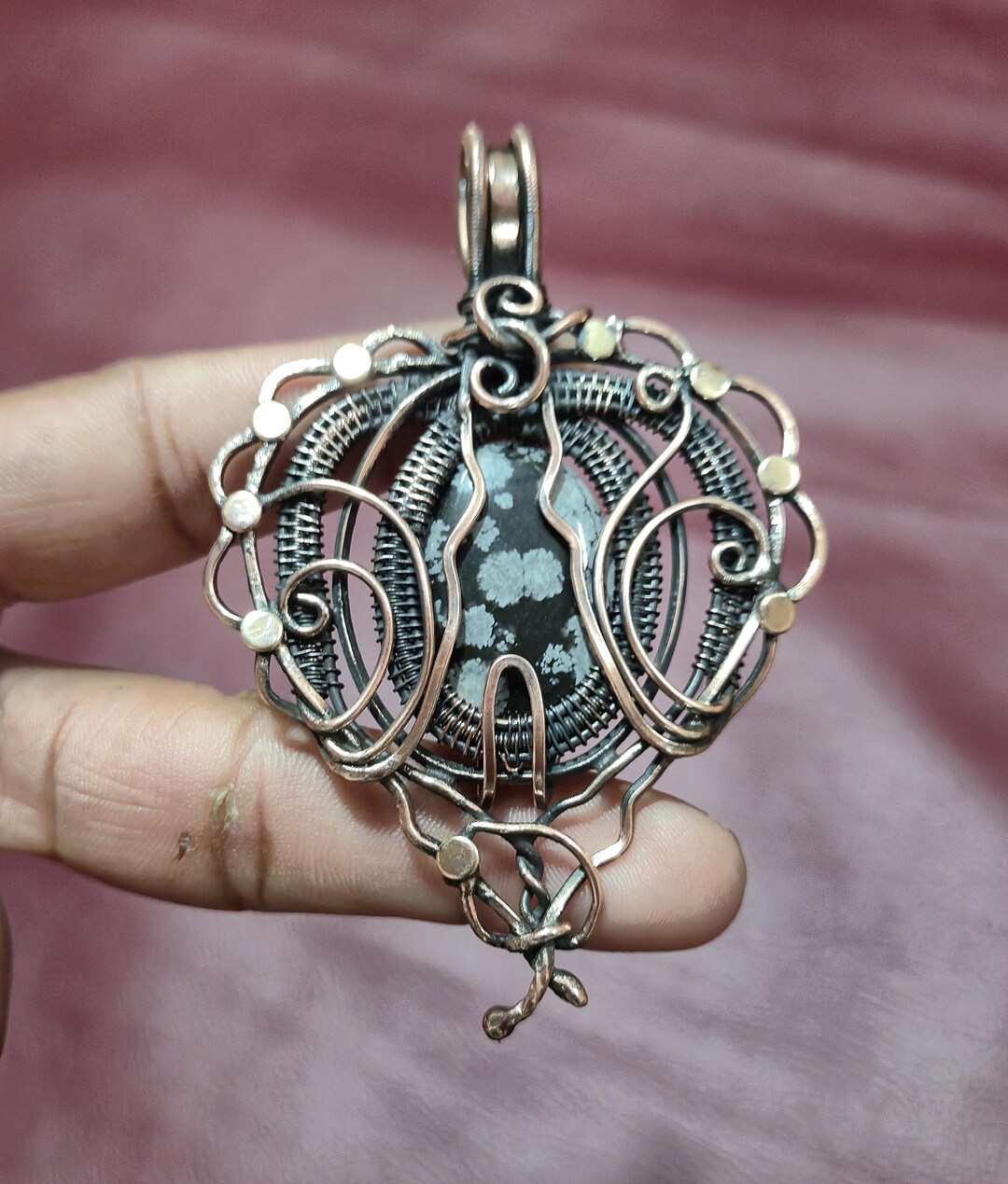 Snowflake Obsidian Copper Wire Wrap Pendant, Handmade Jewelry - Etsy
