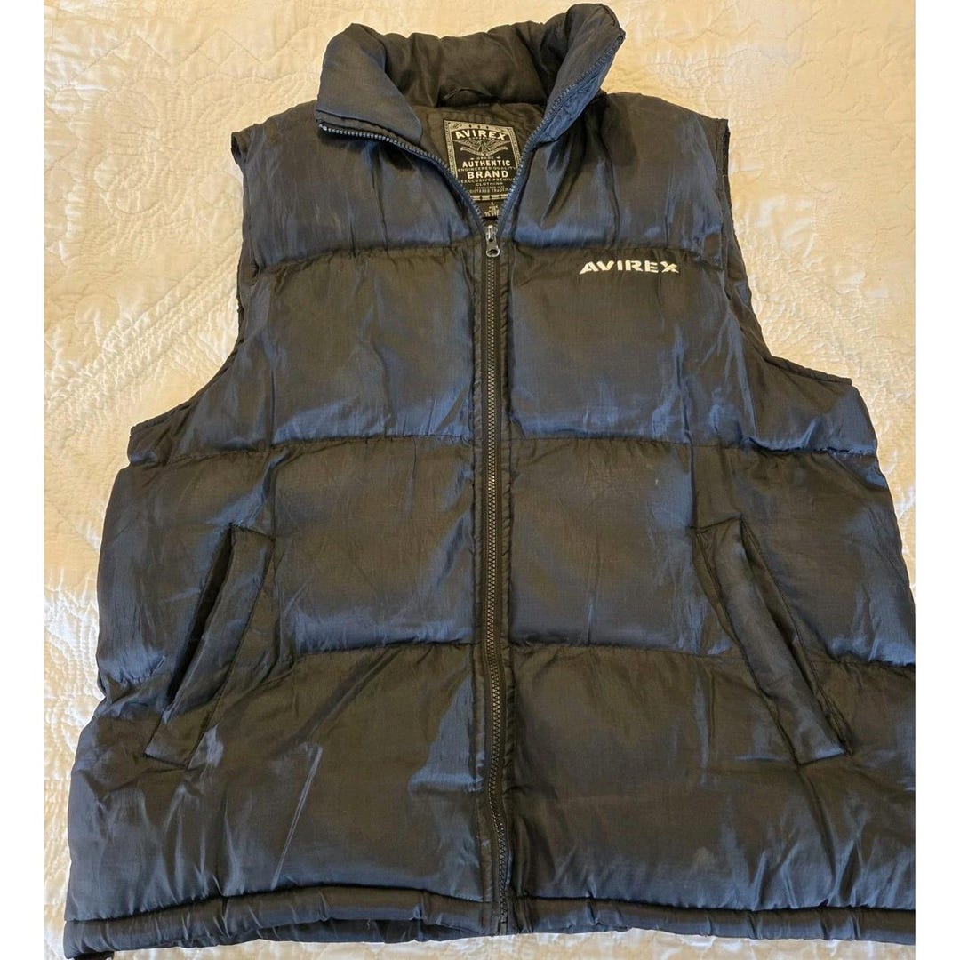 Men's Avirex Puffer Vest Hidden Hood Black Size Large Drawstring Waist ...