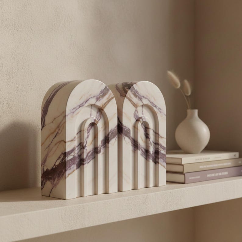 Calacatta Viola Marble Arch Bookends Fluted Pair Modern Bookshelf Stone ...