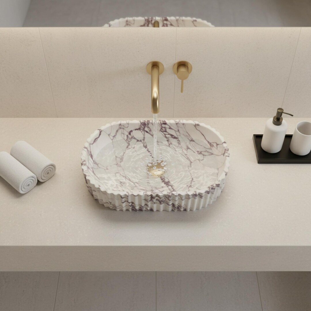 Calacatta Viola Marble Fluted Vessel Sink Oval Bathroom Countertop ...