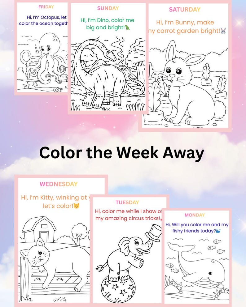 Animal Coloring Pages for Kids | 7 Daily Designs + Sticker Sheet (PDF ...