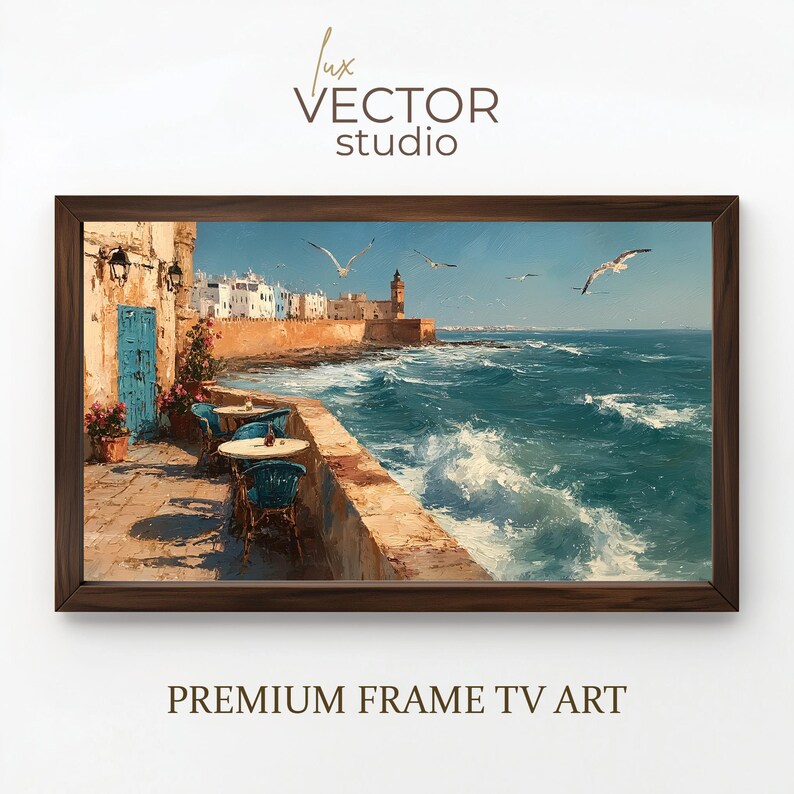 Vintage Coastal Seaside Cafe Scene Frame TV Art, Essaouira Terrace ...