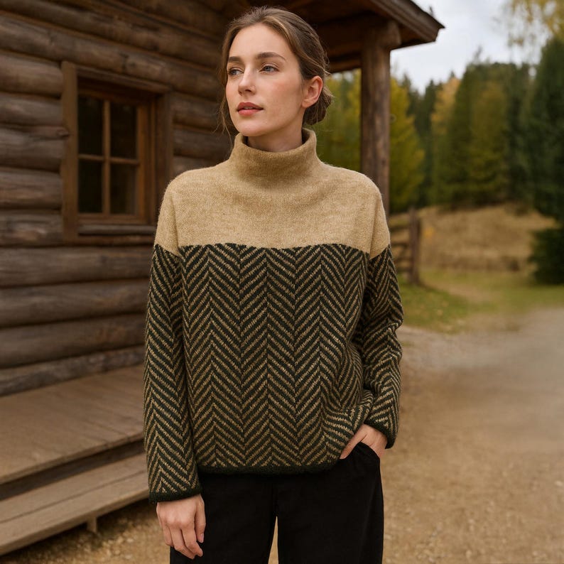 Chevron Knit Mock Neck Sweater – Color Blocked Pullover, One Size - Etsy