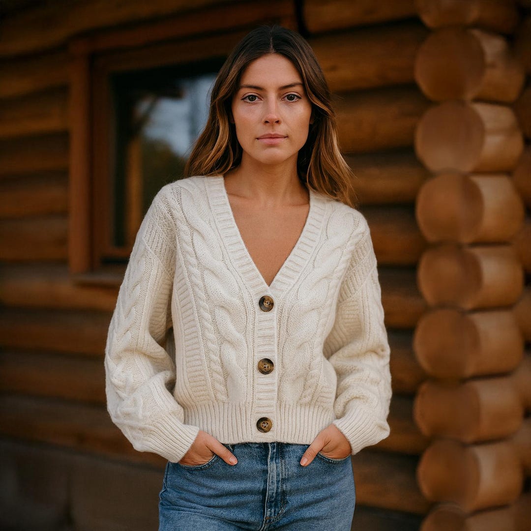 Chunky Cable Knit Cropped Cardigan – Cozy V-neck Button-up Sweater ...
