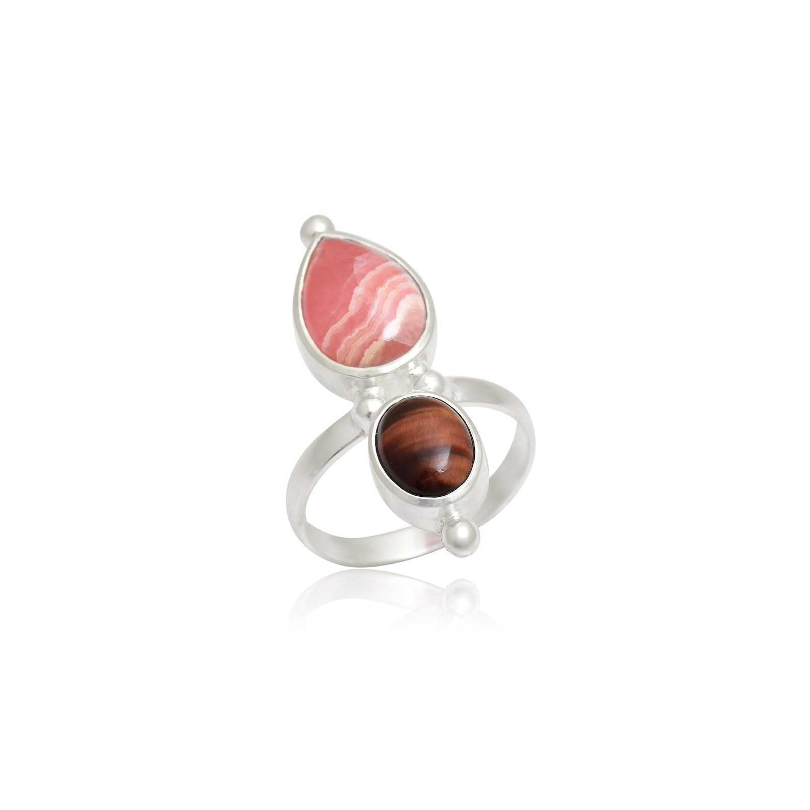 Rhodochrosite Tiger Eye Ring 925 Sterling Silver | Dual Stone Boho ...