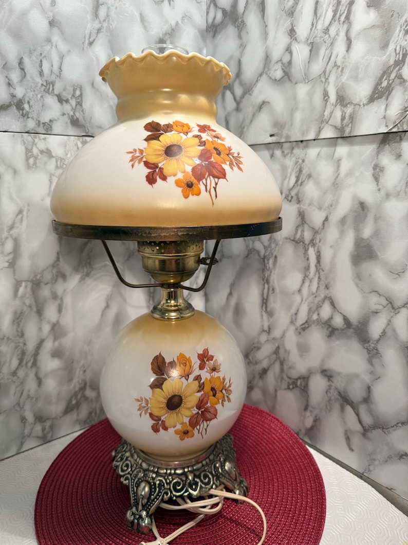 Vintage Sunflower Hurricane Parlor Lamp, Amber White Glass Double Globe ...
