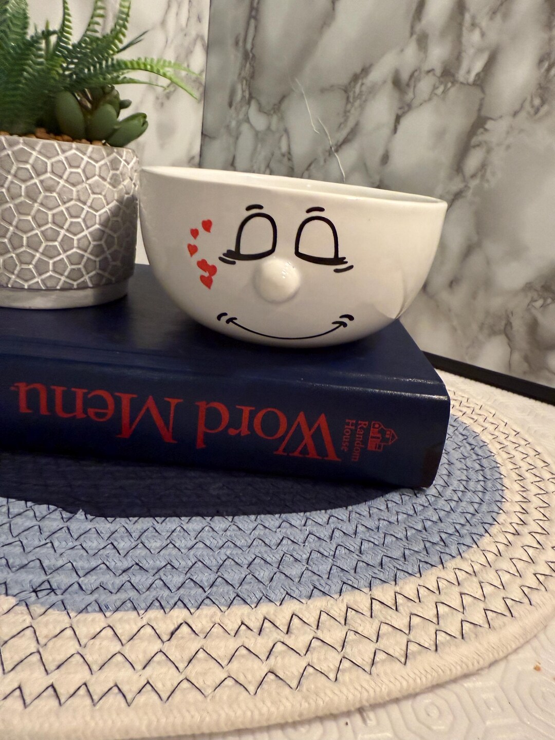 Vintage Smiley Face Ceramic Bowl With Red Hearts, 3D Nose , Kawaii ...
