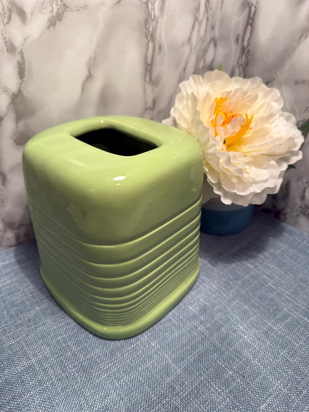 Vintage Sage Green Ceramic Tissue Box Cover – Retro Bathroom Decor ...