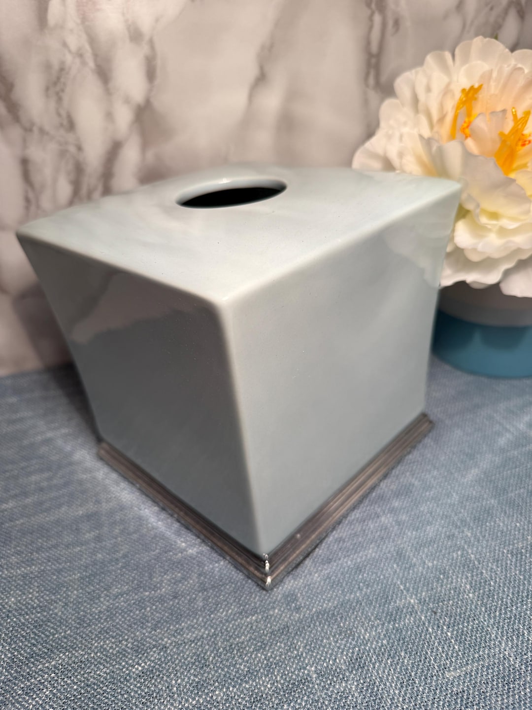 Vintage Ceramic Tissue Box Cover – Light Blue Square With Silver Accent ...