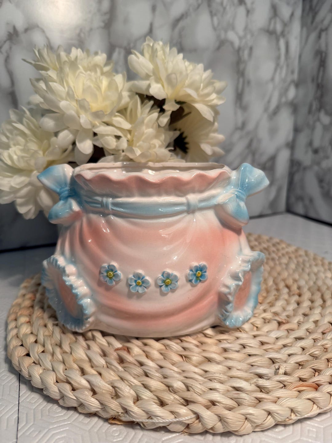 Vintage Japan Pink and Blue Ceramic Planter – Baby Diaper Pot With Bows ...